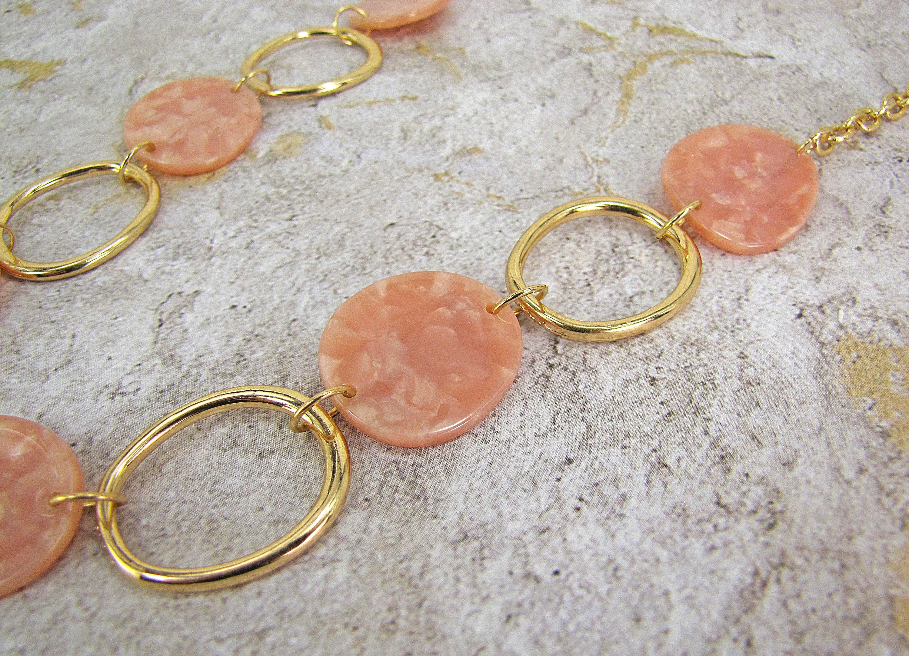 Long Pink and Gold Link Necklace With Pink Flat Marble Looking Oval ...