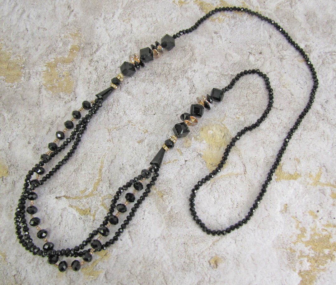 Long All Glass Beaded Necklace Created With Black Facet Cut Glass Beads ...