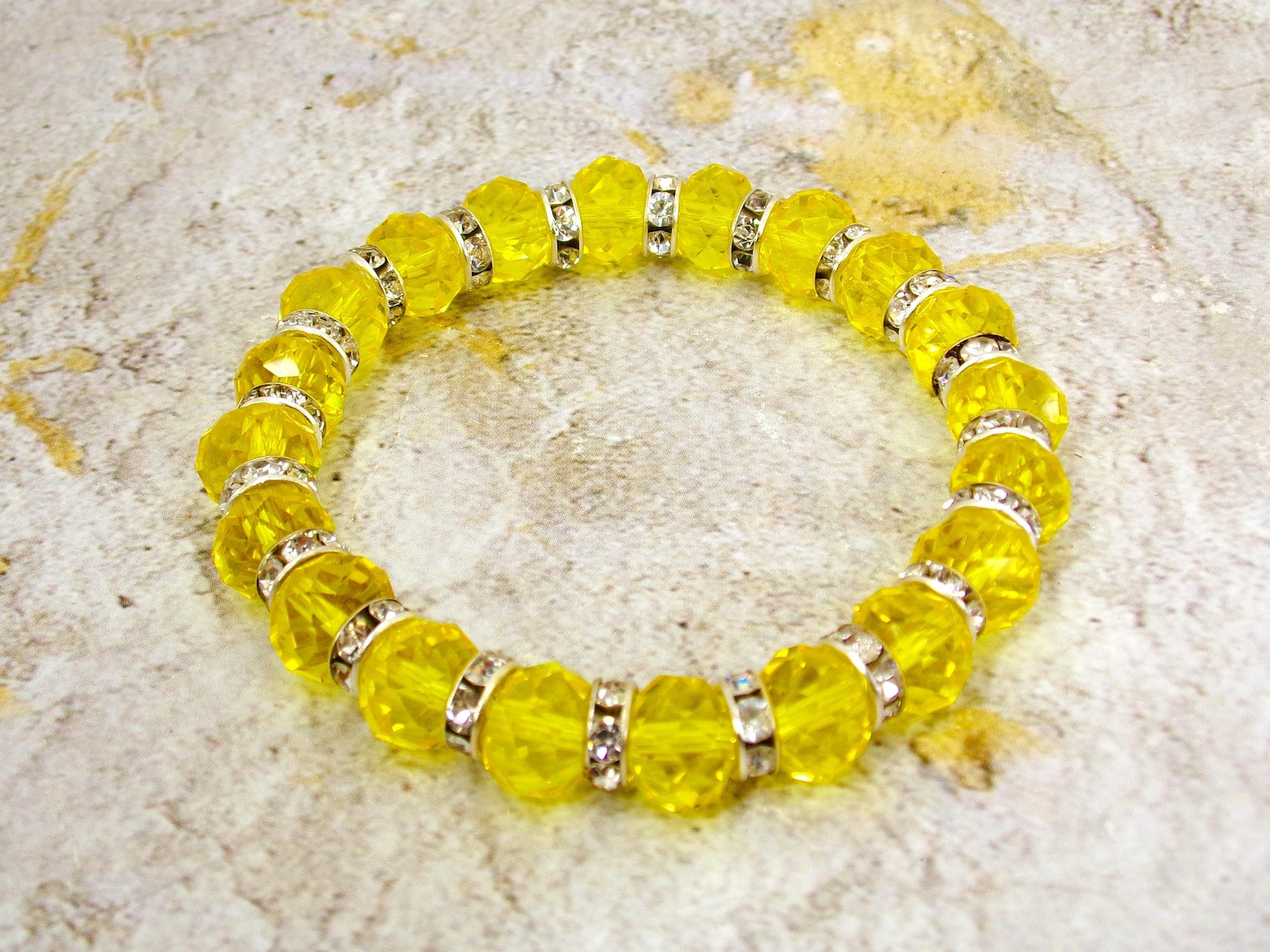 Yellow Color Glass Bead Stretch Bracelet With Clear Crystal Spacer ...