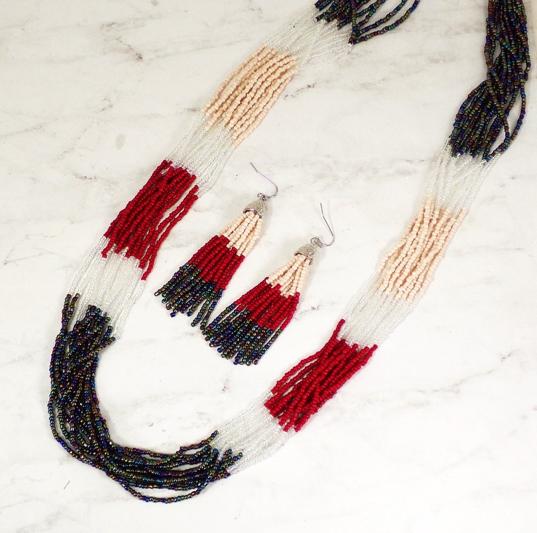 Long Multi Color Seed Bead Necklace and Earrings With 12 Rows of Seed ...