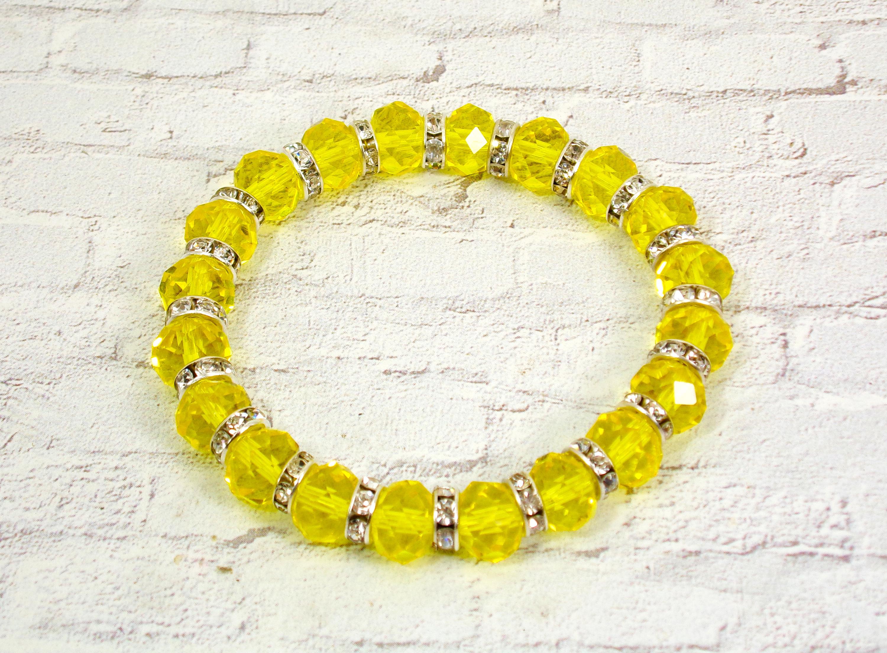 Yellow Color Glass Bead Stretch Bracelet With Clear Crystal Spacer ...