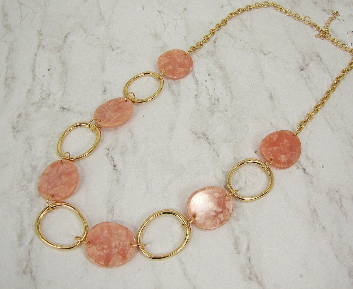 Long Pink and Gold Link Necklace With Pink Flat Marble Looking Oval ...
