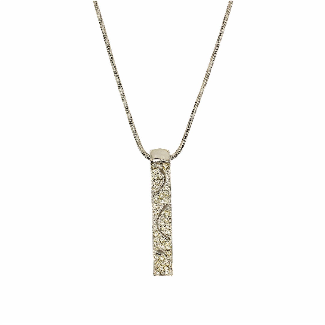 Long Silver Pendant Designed With Cut Swirls in It and With All Clear ...