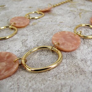 Long Pink and Gold Link Necklace With Pink Flat Marble Looking Oval ...