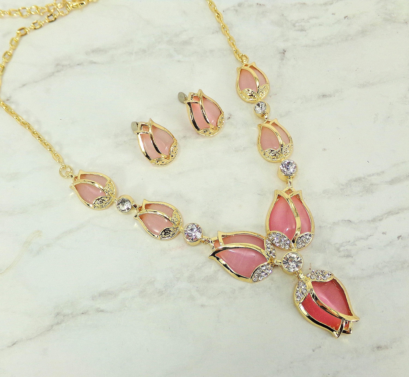 Pink Tulip Flower Statement Necklace and Earring Set With Pink Cat Eye ...