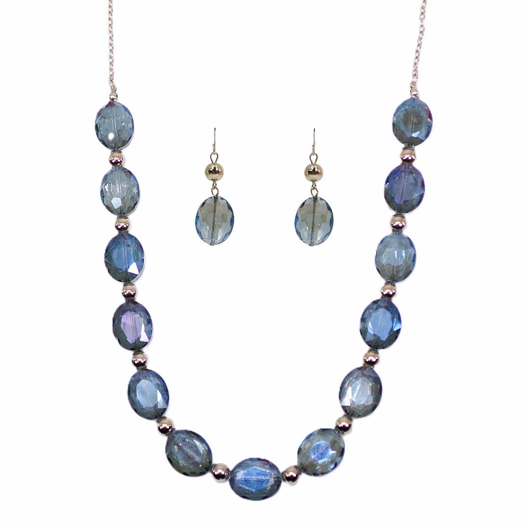 Blue Color Glass Bead Necklace and Earring Set Mixed With Polished ...