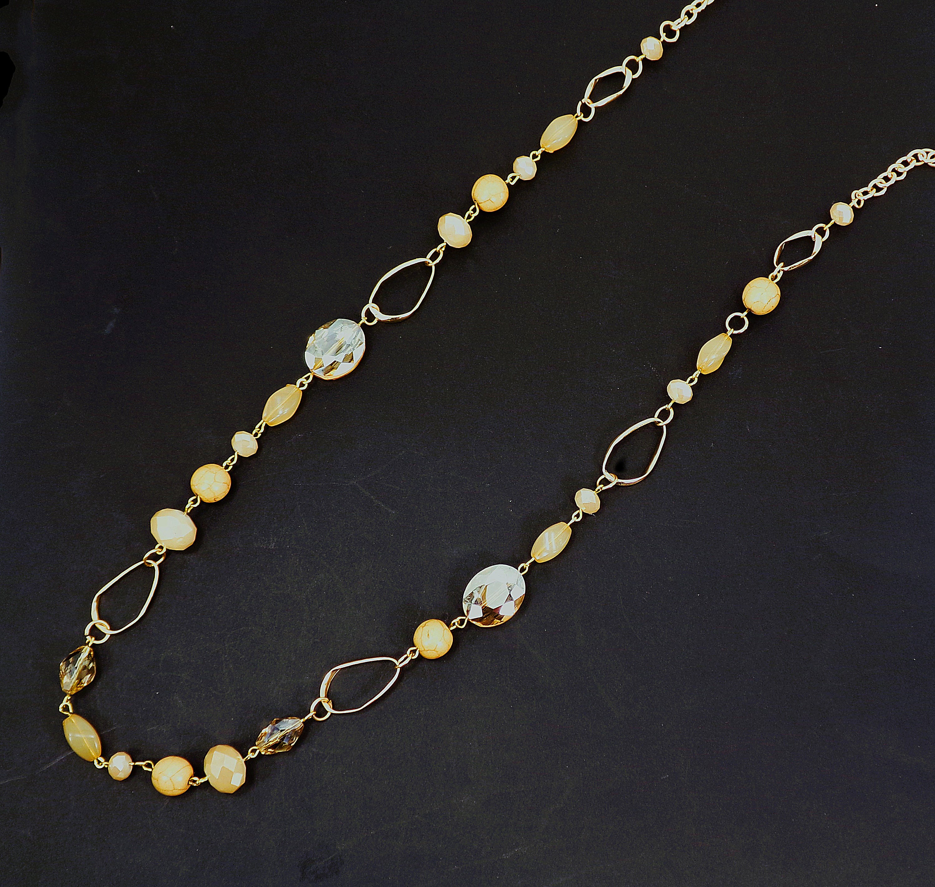 Long Beige Beaded Necklace With a Mix of Glass, Wood, and Acrylic Beads ...
