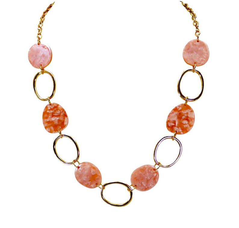 Long Pink and Gold Link Necklace With Pink Flat Marble Looking Oval ...