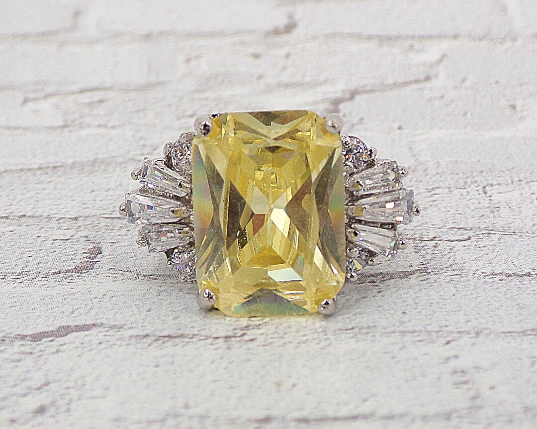 Large Light Yellow Cubic Zirconia Ring in a Rectangle Shape Stone and ...