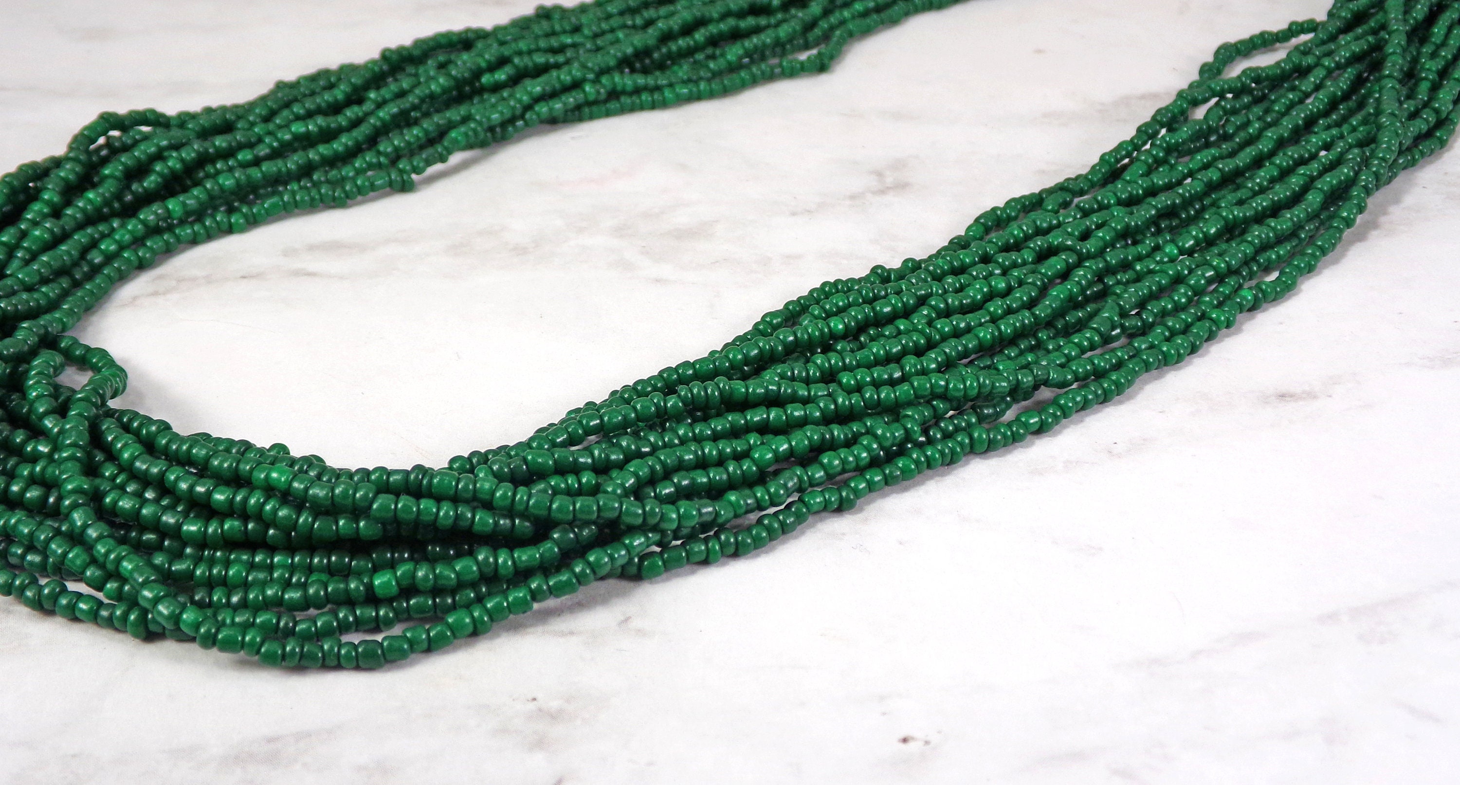 Long Green Color Seed Bead Necklace With Brown Wood Beads. Multi Strand ...
