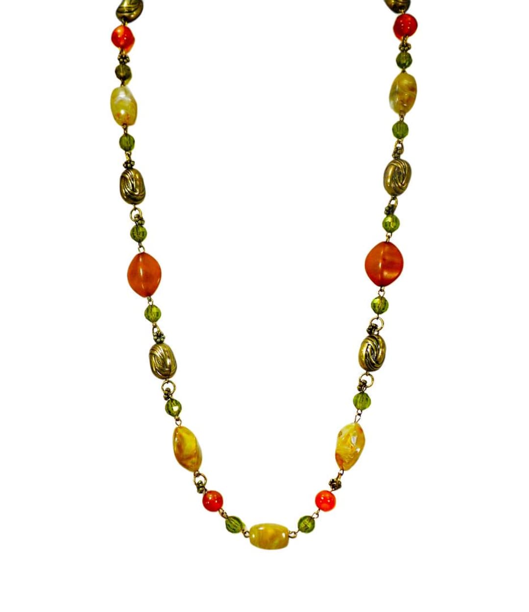 Multi Color Bead Necklace With a Mix of Beige, Green, and Deep Orange ...