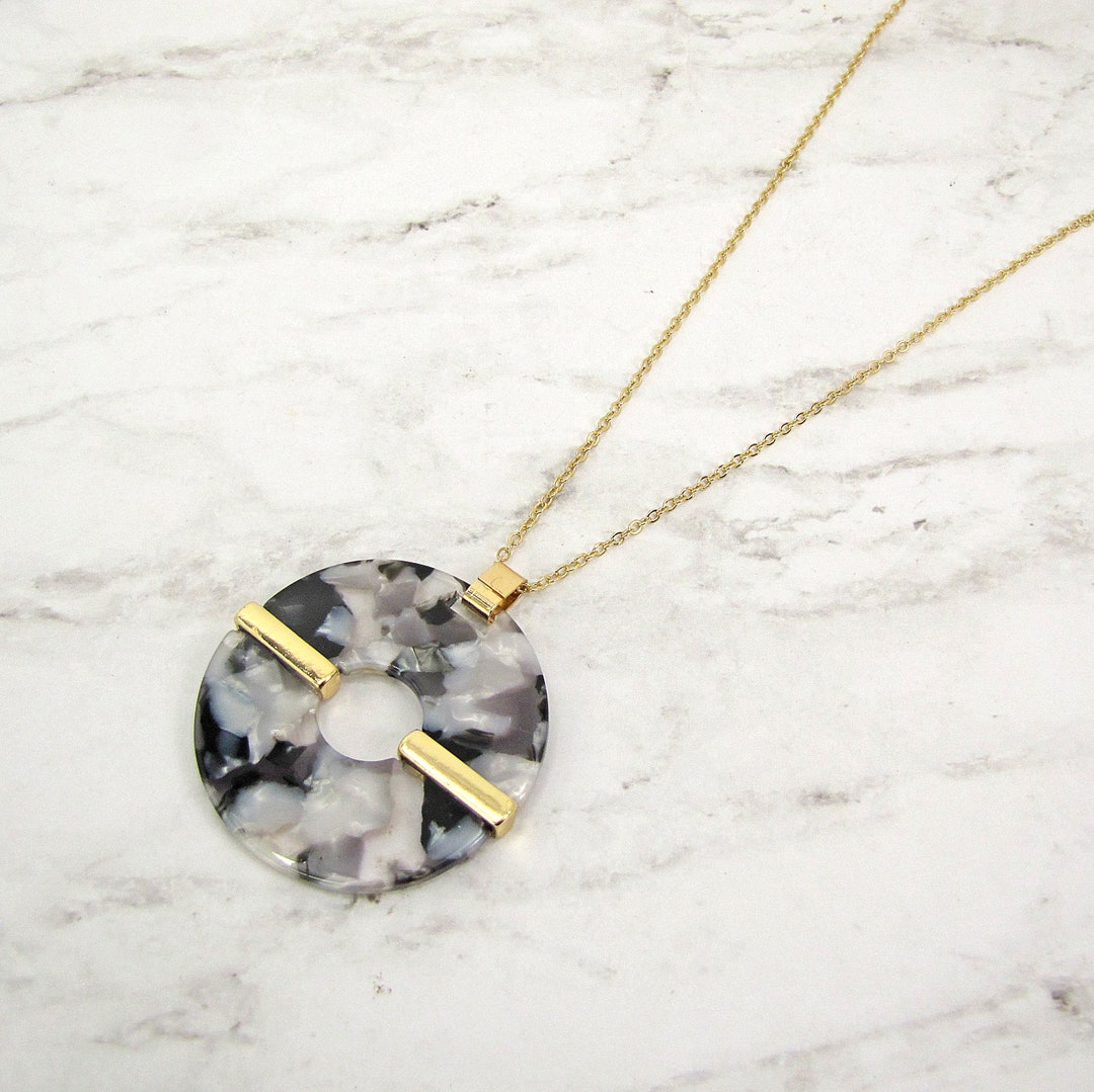 Large Round Black and White Multi Color Disk Pendant Neckace With Gold ...