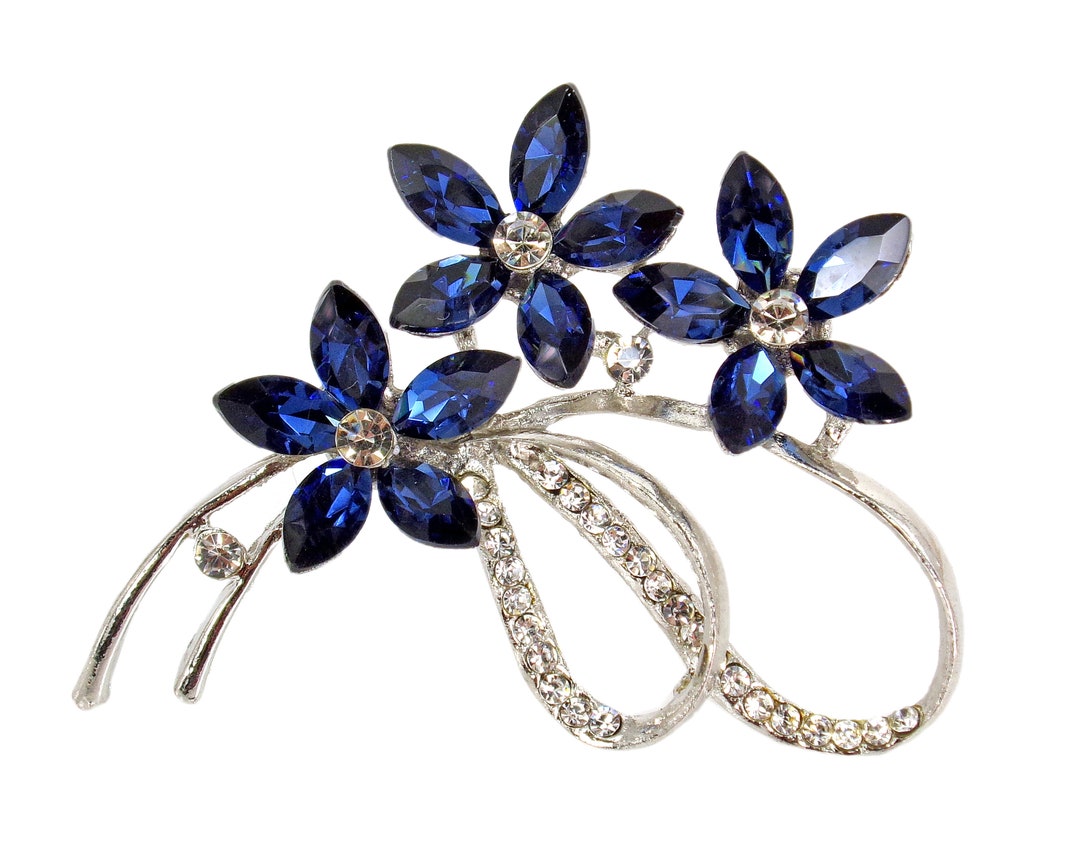 Blue Color Crystal Flower Pin Brooch Created With Three Large Crystal ...