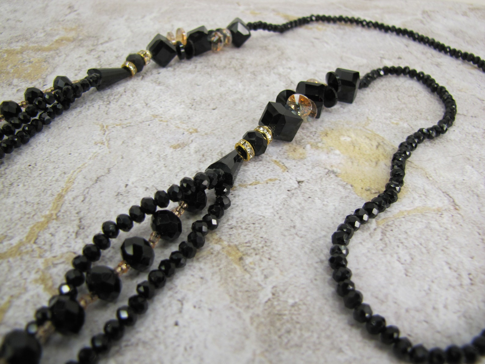 Long All Glass Beaded Necklace Created With Black Facet Cut Glass Beads ...