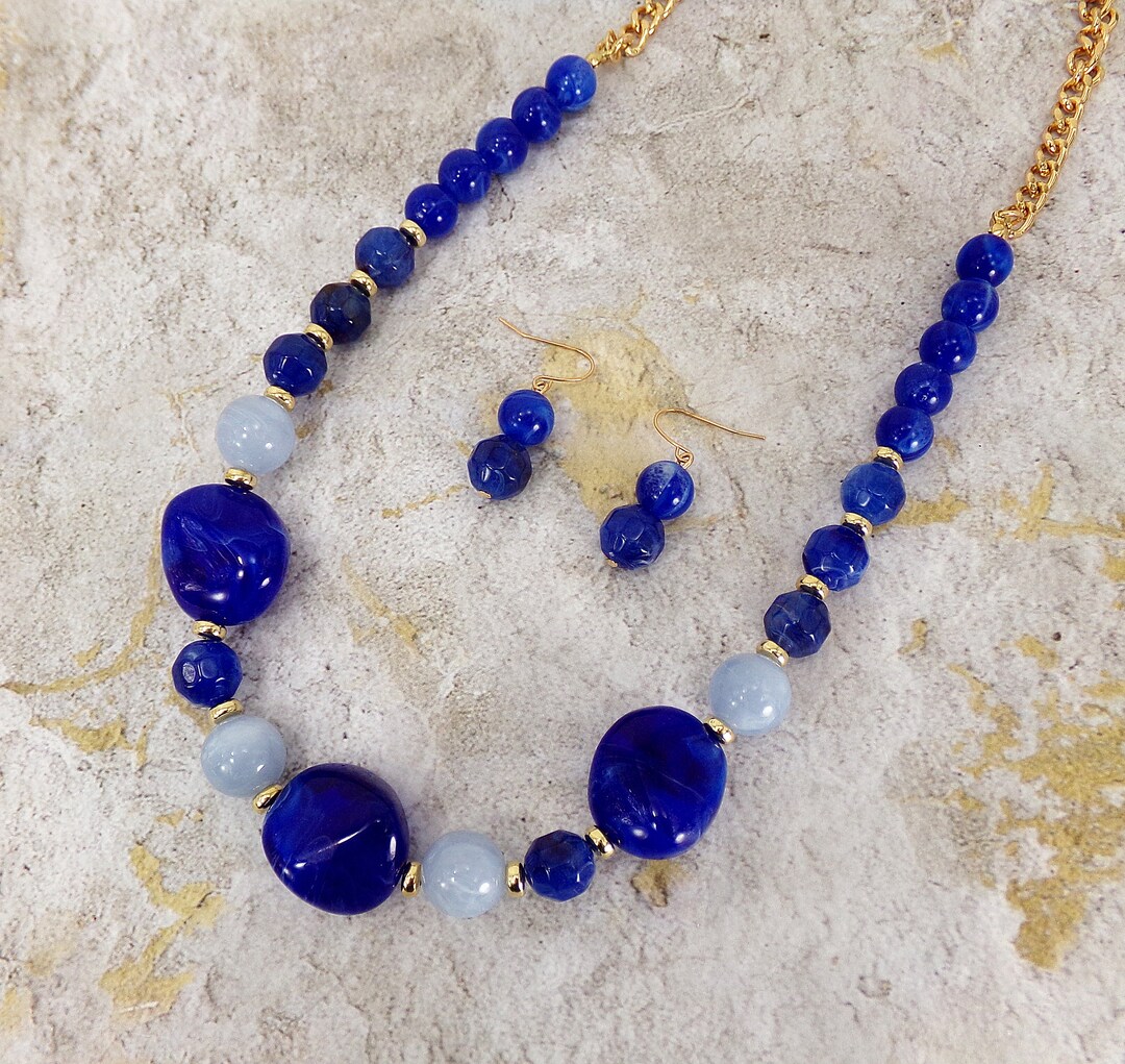 Blue Beaded Fashion Necklace and Earring Set Designed With a Mix of ...