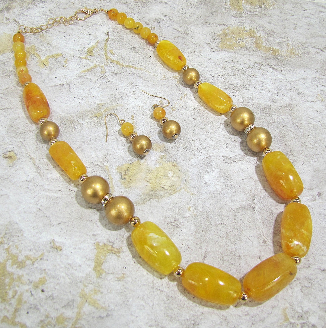 Yellow and Gold Beaded Necklace and Earring Set With Crystals - Etsy