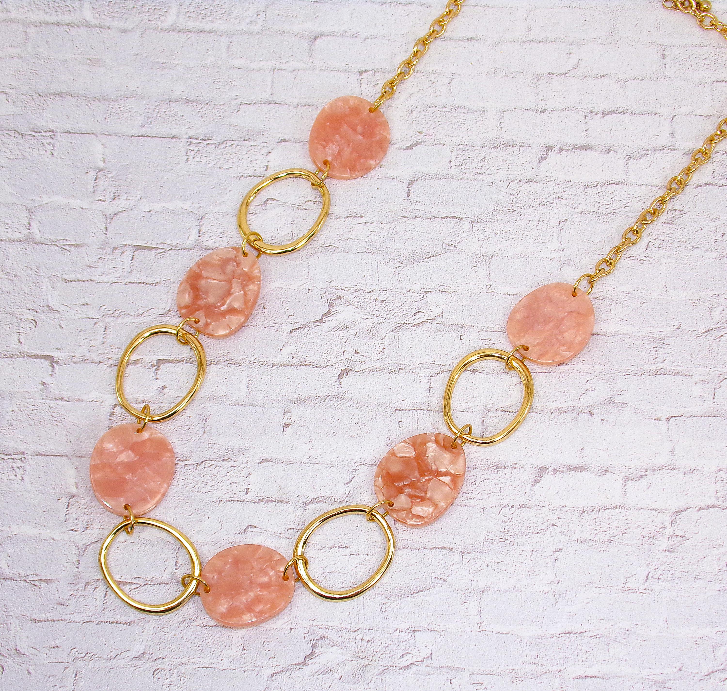 Long Pink and Gold Link Necklace With Pink Flat Marble Looking Oval ...