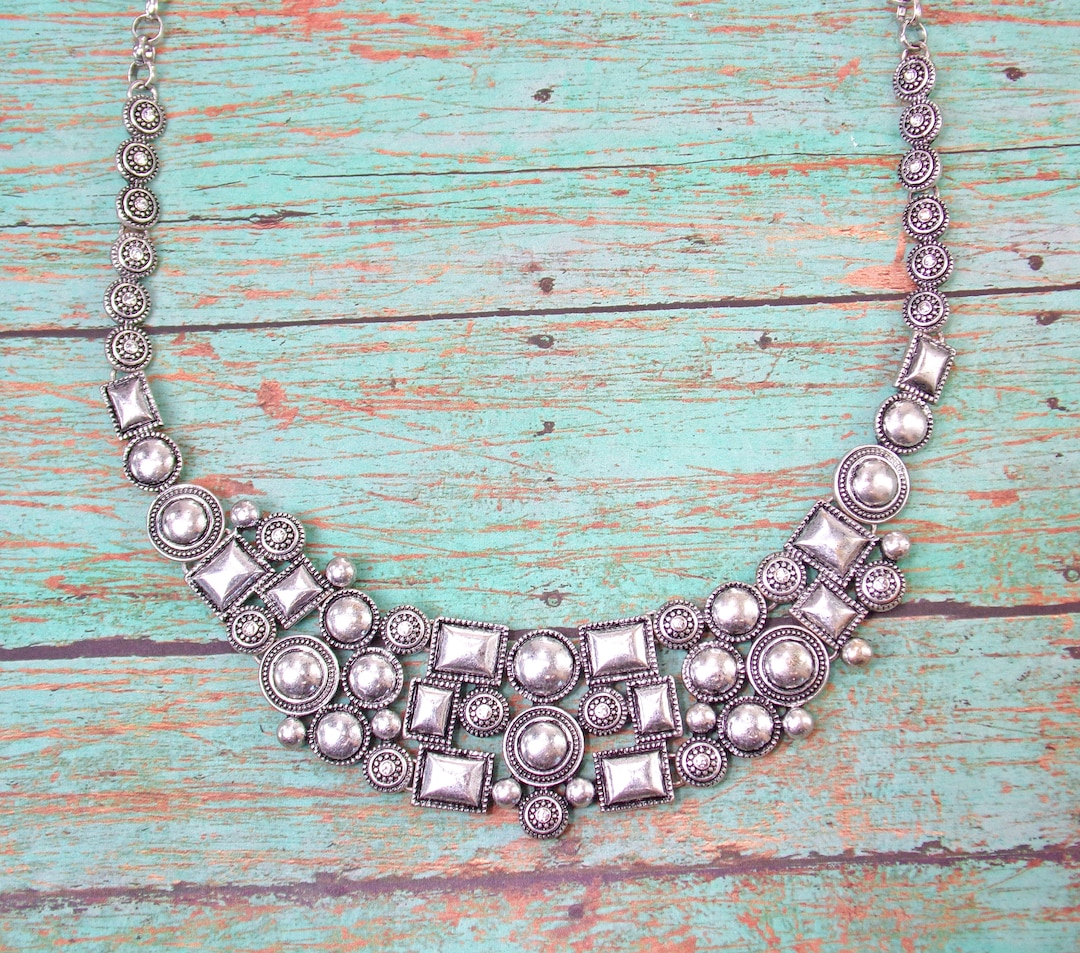 Silver Metal Statement Necklace Created With a Mix of Round, Square ...