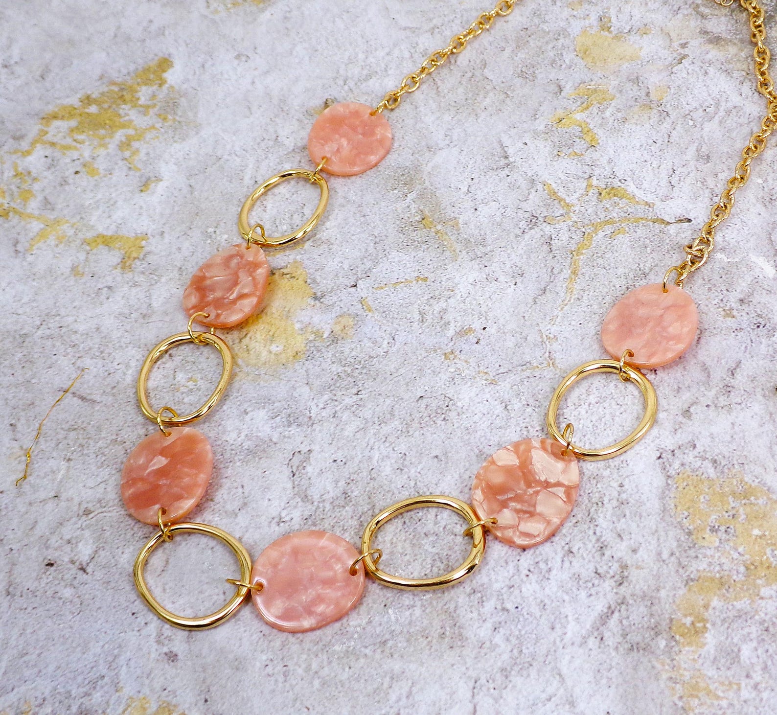 Long Pink and Gold Link Necklace With Pink Flat Marble Looking Oval ...