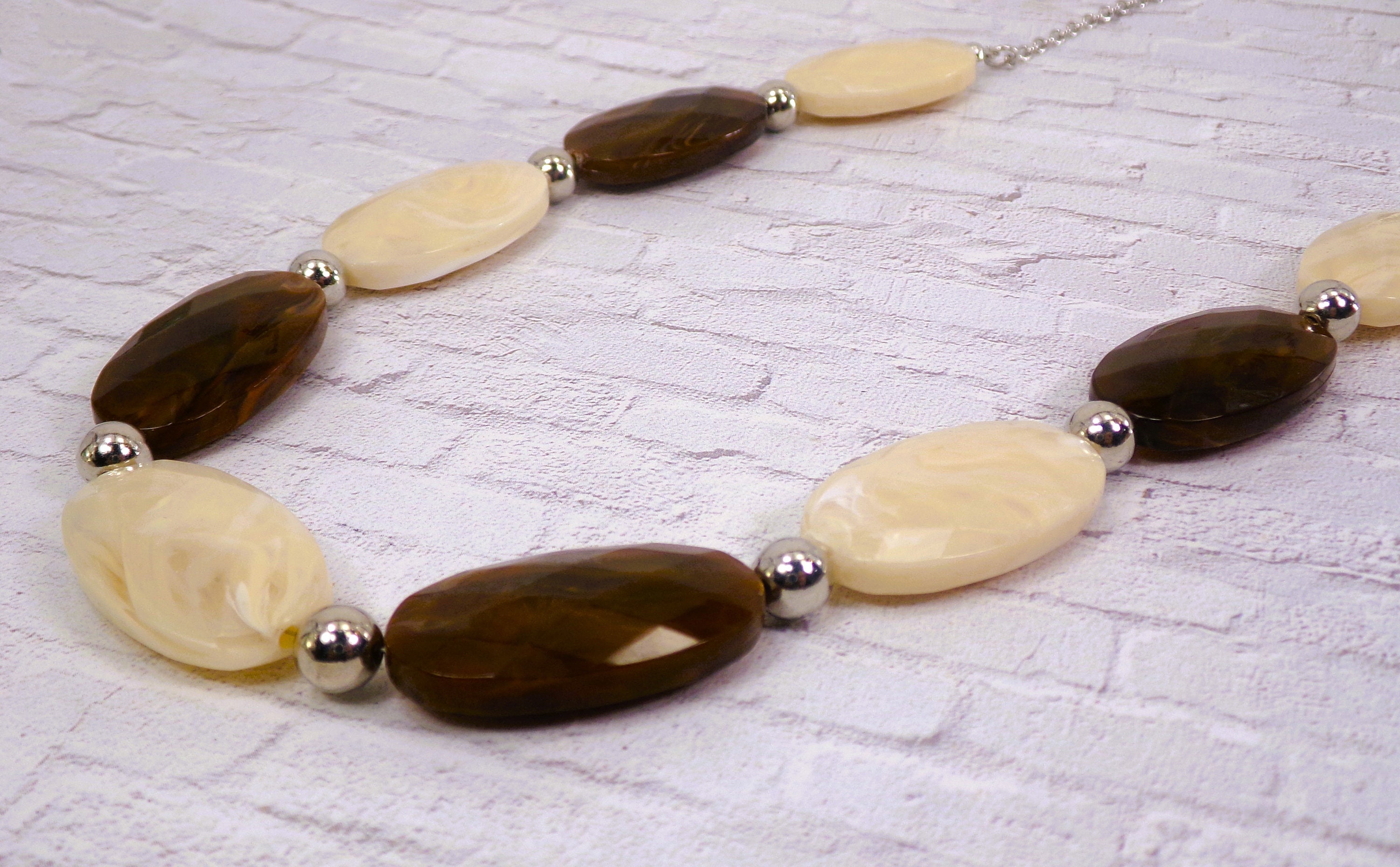 Brown and Beige Beaded Necklace With Large Oval Beads in a Swirl Marble ...