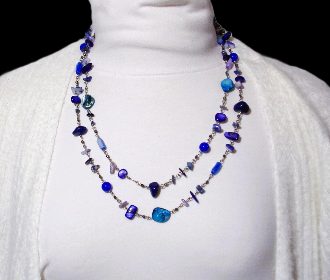 Long Blue Bead Necklace With Shell Beads, Blue Stone, and Blue Glass ...