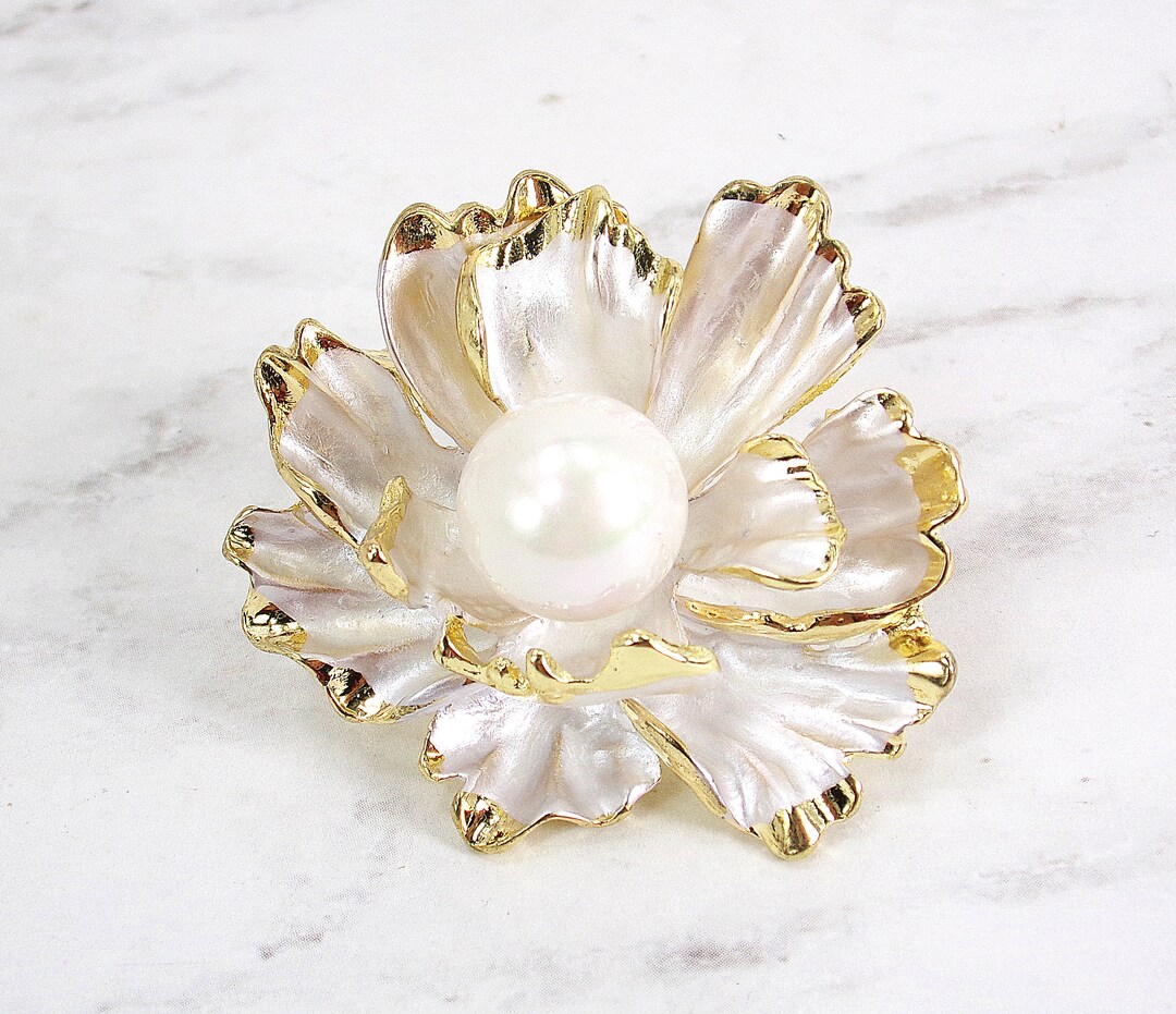 Large White Flower Pin Brooch With a White Pearl Center and Gold Plated ...
