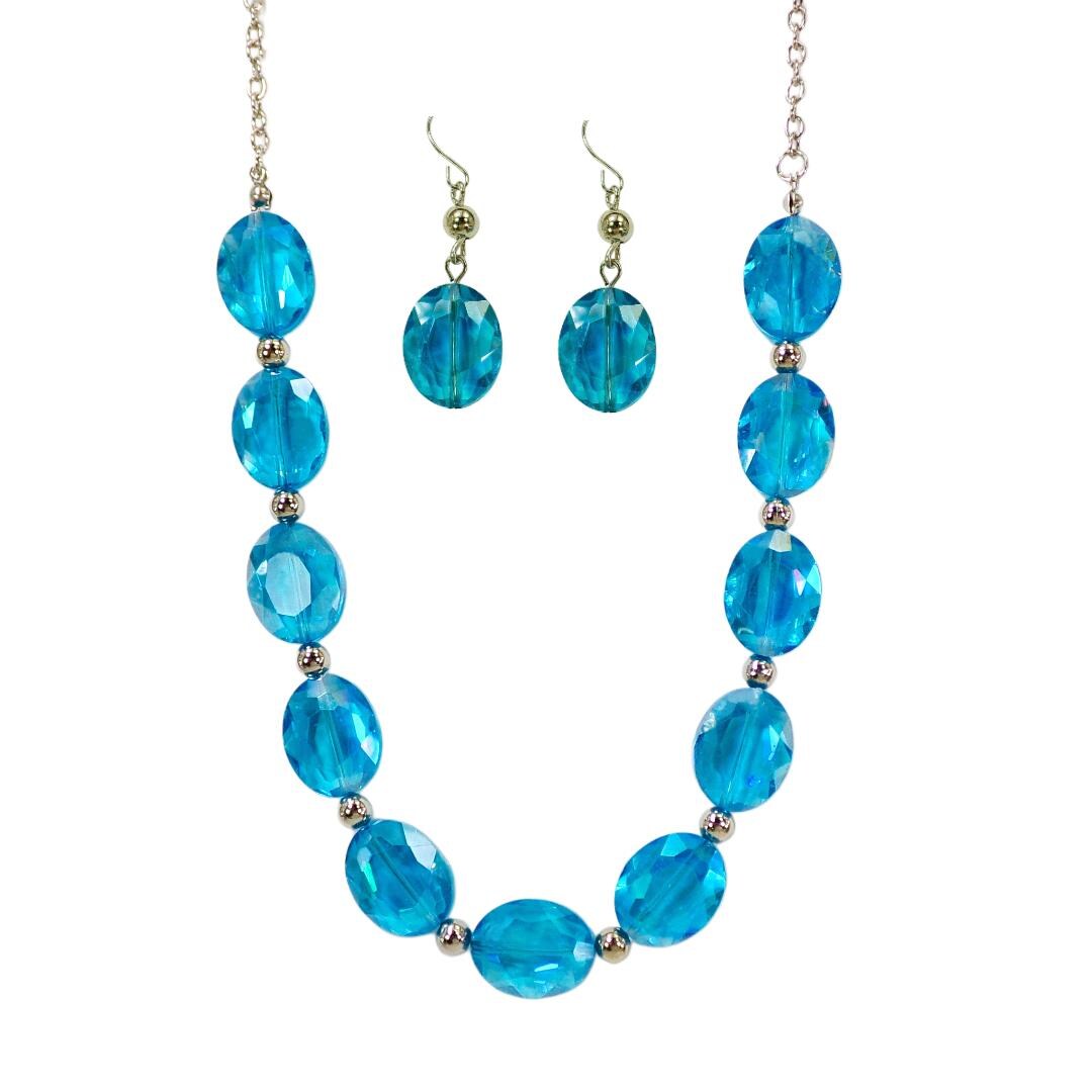 Light Blue Color Glass Bead Necklace and Earring Set With Oval Glass ...