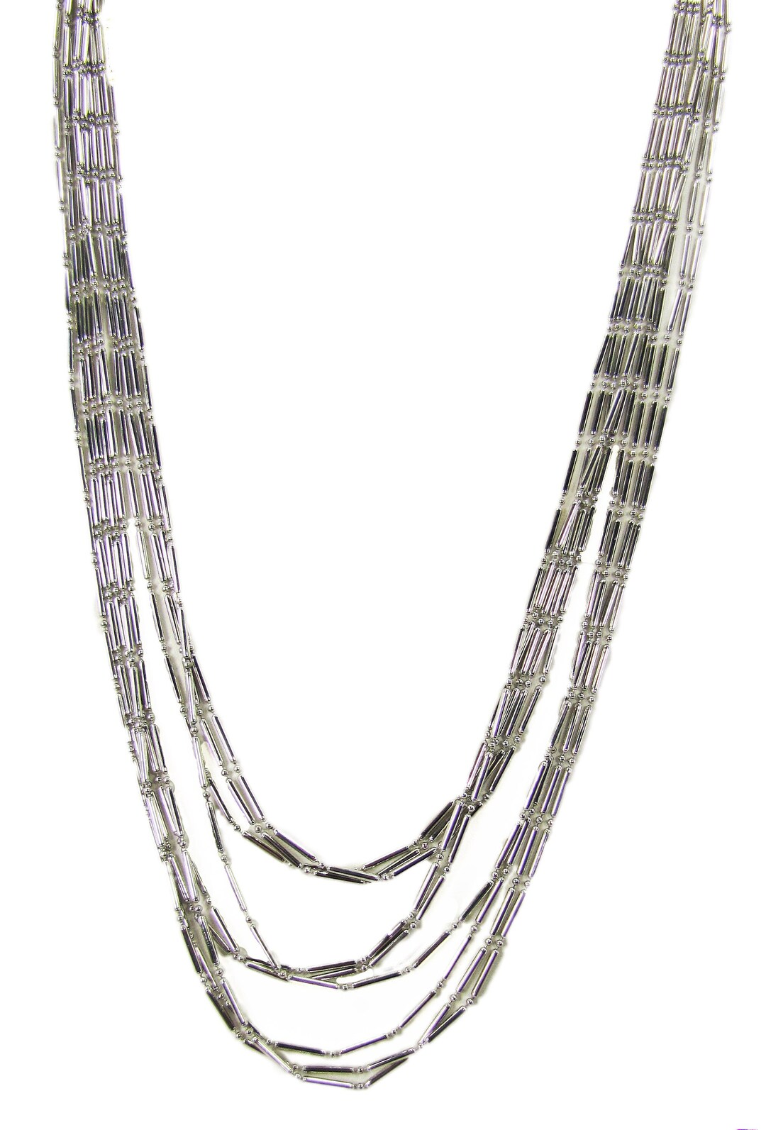 Long Silver Chain Layered Necklace With Tube and Bead Chain. Silver ...