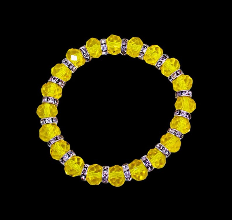 Yellow Color Glass Bead Stretch Bracelet With Clear Crystal Spacer ...