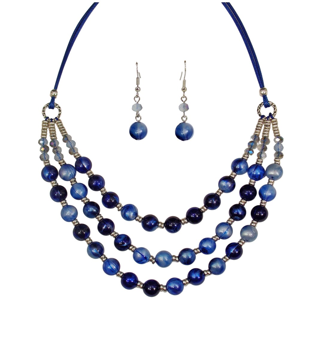 Blue Color Bead Necklace and Earring Set in Light and Dark Blue Beads ...
