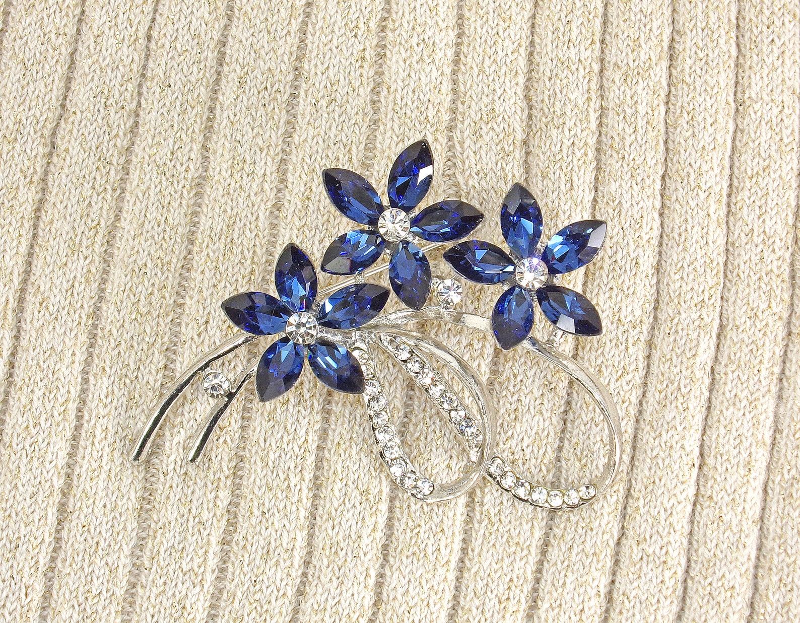 Blue Color Crystal Flower Pin Brooch Created With Three Large Crystal ...