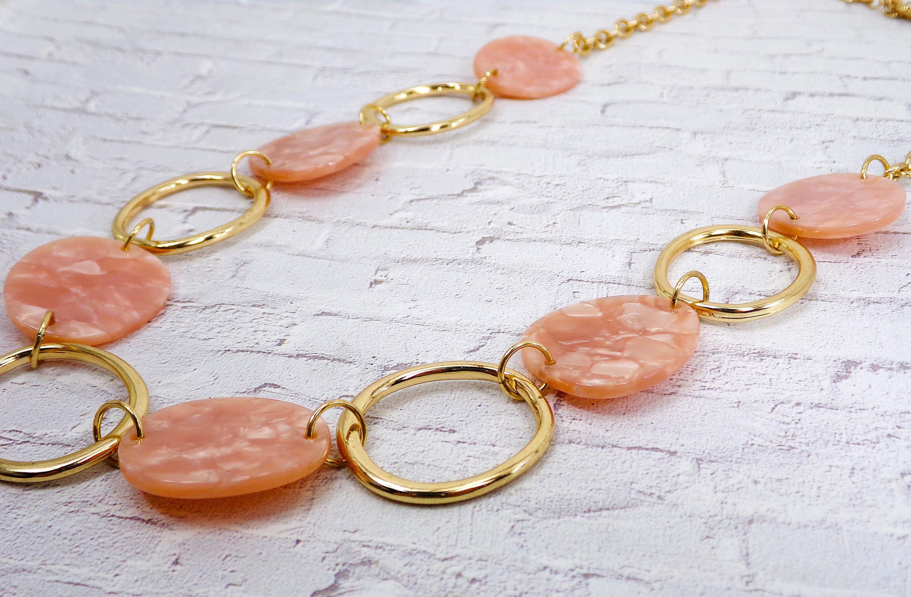 Long Pink and Gold Link Necklace With Pink Flat Marble Looking Oval ...
