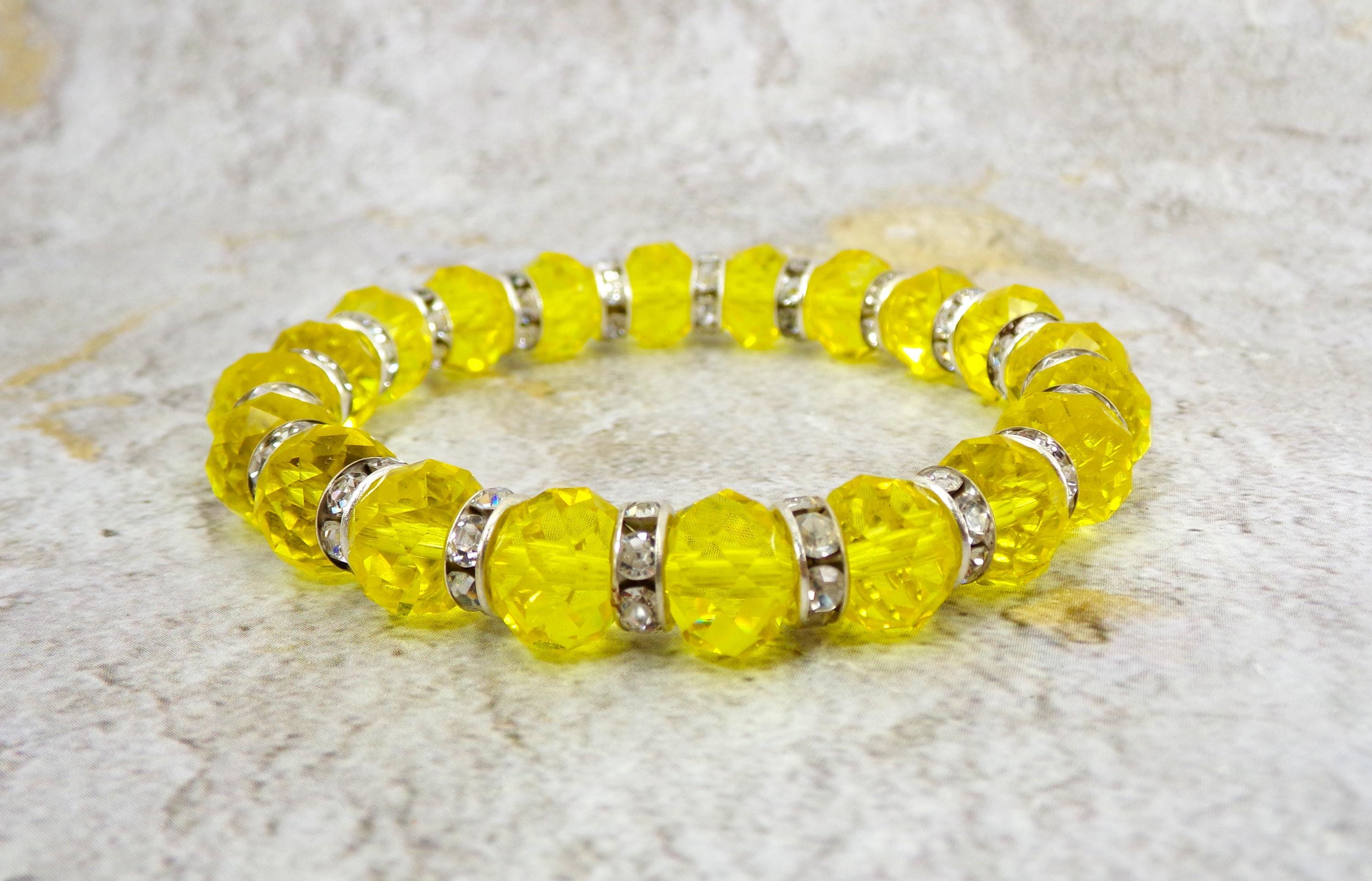 Yellow Color Glass Bead Stretch Bracelet With Clear Crystal Spacer ...