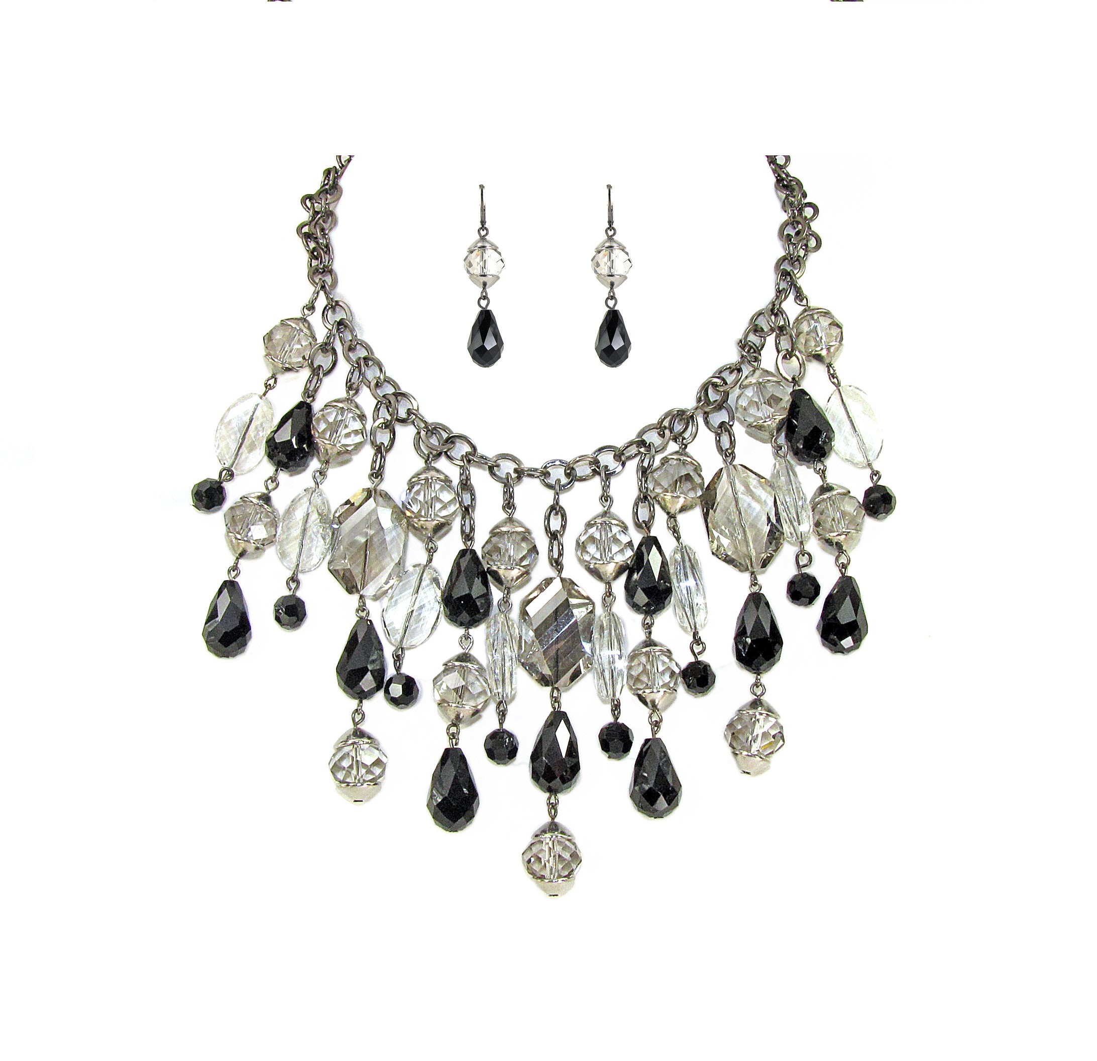 Dramatic glass beaded waterfall necklace set with black glass | Etsy