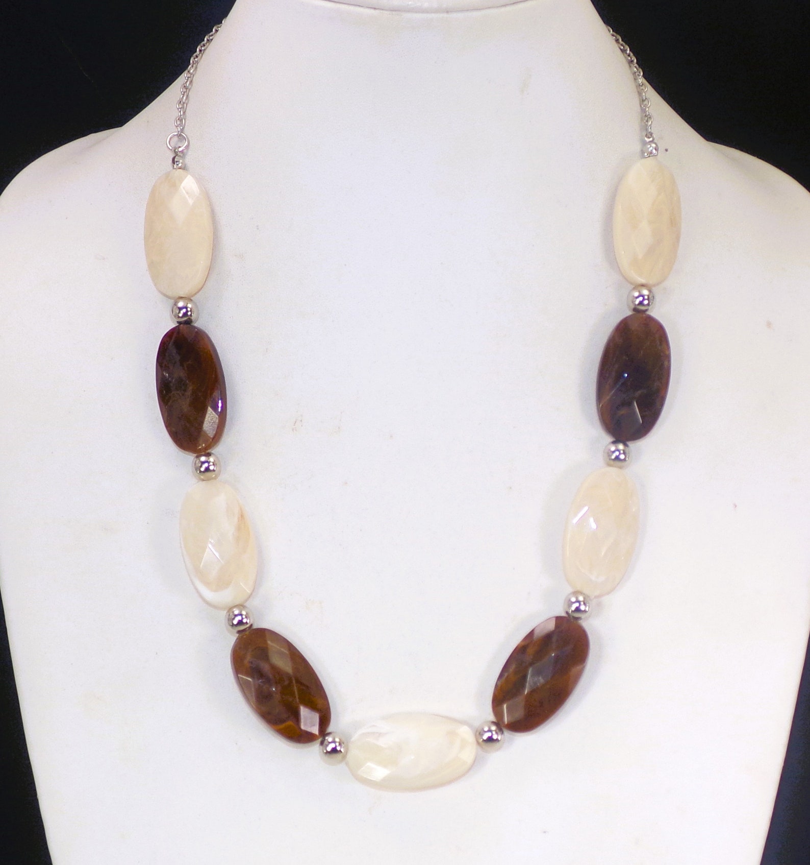 Brown and Beige Beaded Necklace With Large Oval Beads in a Swirl Marble ...