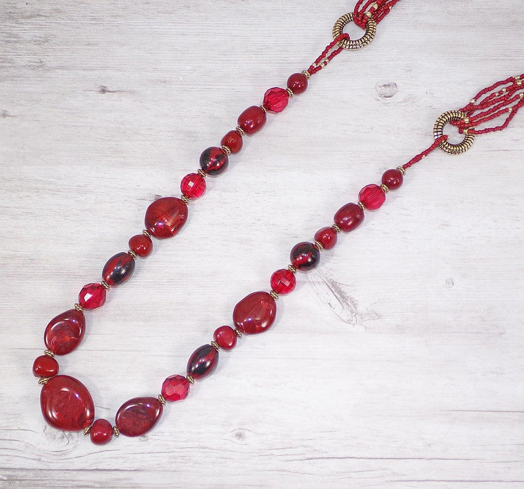 Long Red Beaded Necklace With a Mix of Red Acrylic Bead Shapes, Red ...