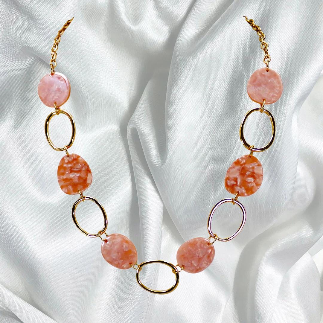 Long Pink and Gold Link Necklace With Pink Flat Marble Looking Oval ...