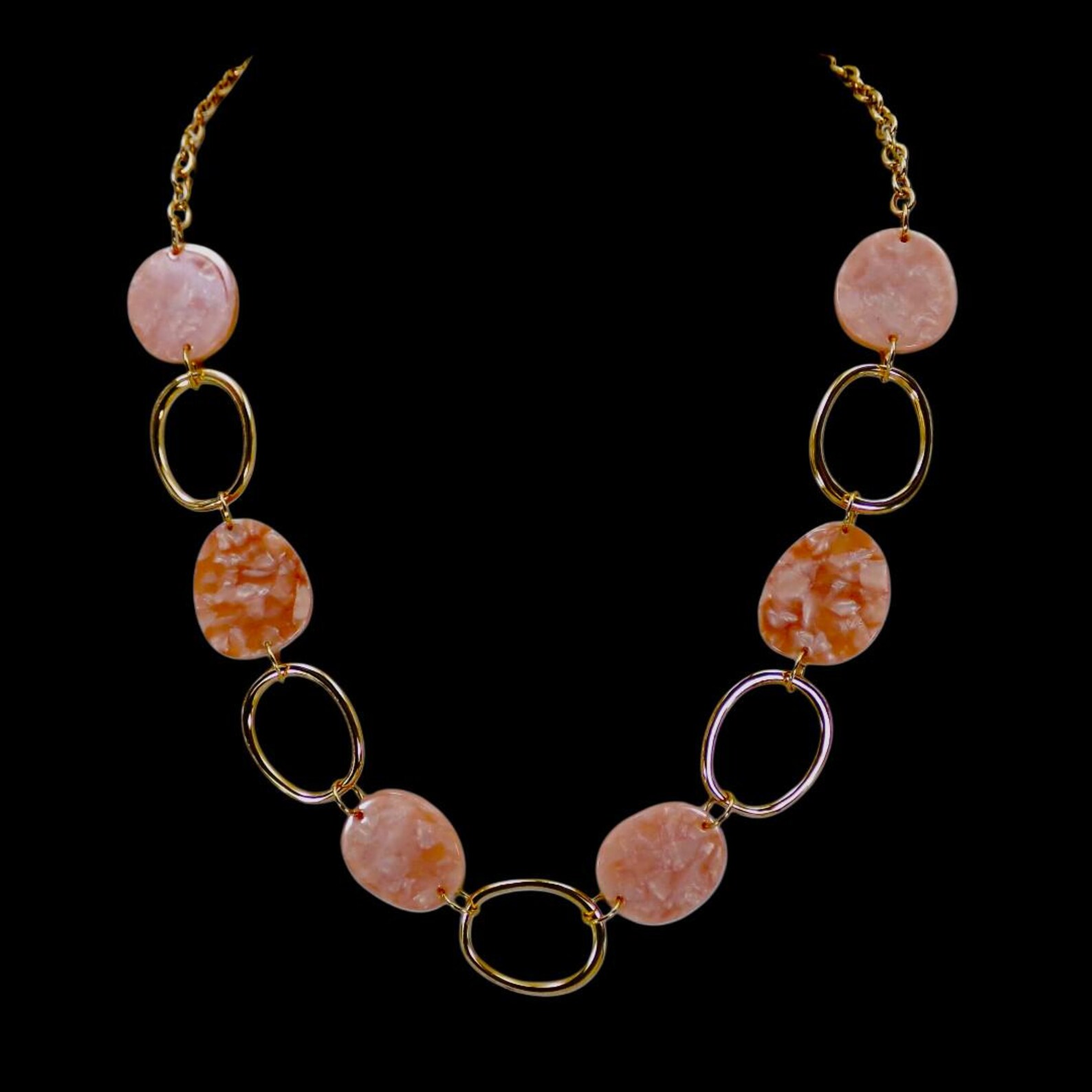 Long Pink and Gold Link Necklace With Pink Flat Marble Looking Oval ...