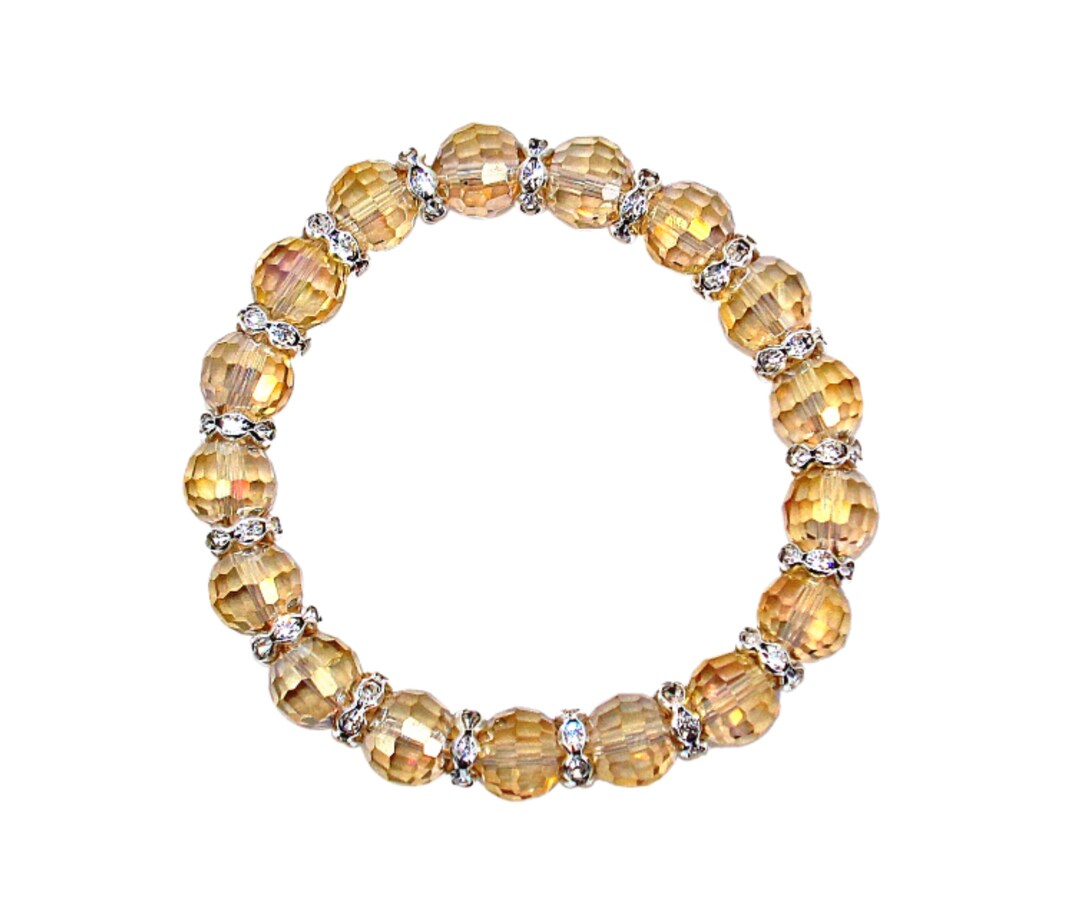 Pretty Beige Topaz Color Glass Beaded Stretch Bracelet With Crystal ...