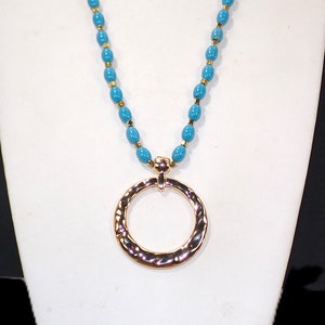 Large Round Gold Metal Disk Pendant Necklace With Turquoise Beads and ...