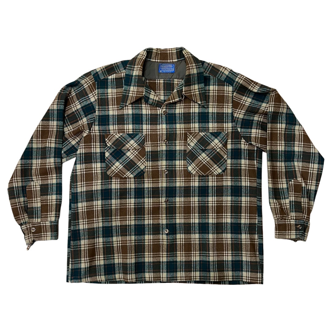Vintage Pendleton Plaid Board Shirt, Brown & Green Plaid Button Up, 100 ...
