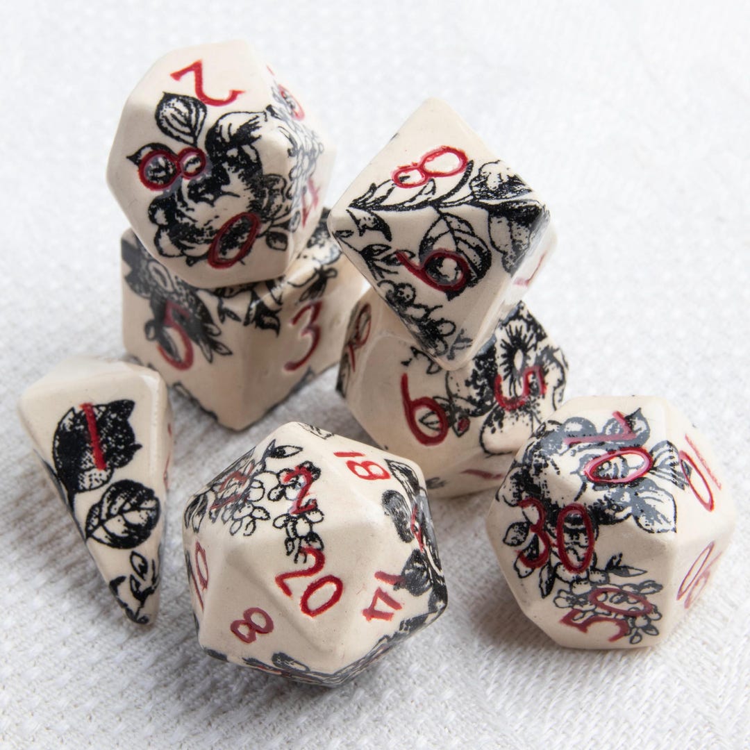 Ceramic Polyhedral Dice (full Set) Black Flower - Etsy