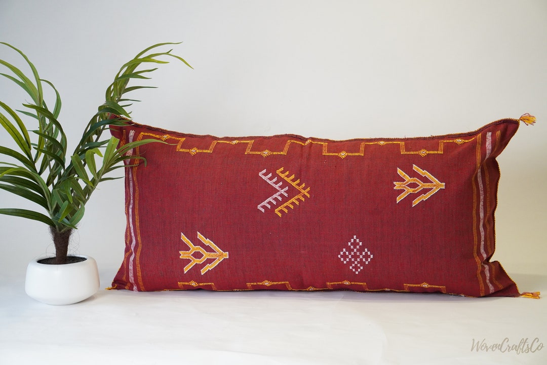 Brick Red Lumbar Pillow, Bohemian Sabra Cactus Silk, Handwoven Linen ...