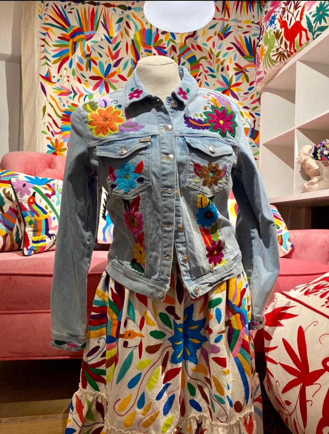 Otomi Jean Jacket, Hand Embroidered Otomi Embroidery, Gift for Woman, Ready to Ship, Size Medium ...