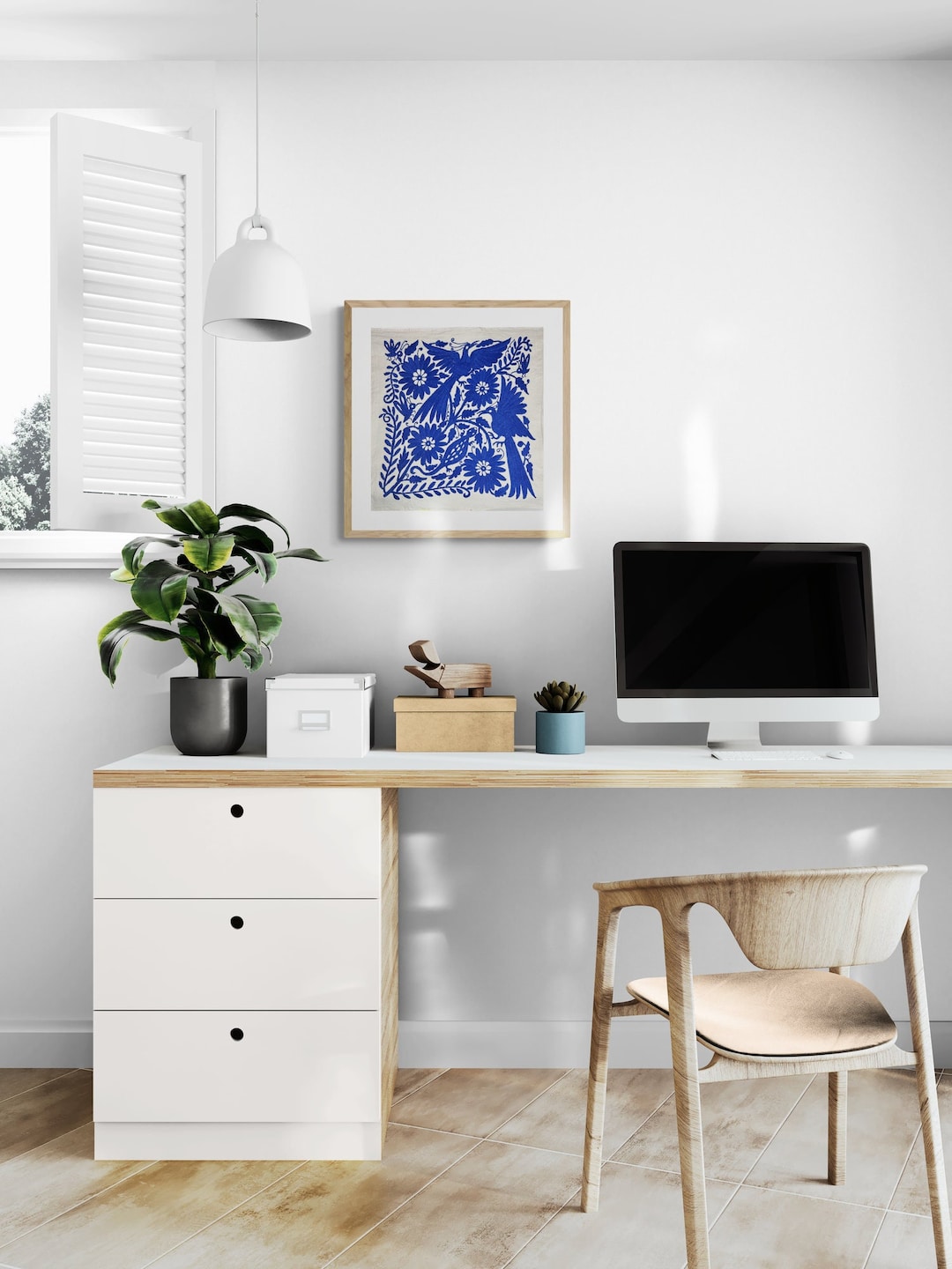 Hand-embroidered Mexican Otomi Wall Art – Blue & Ivory, 18"x18", Boho ...