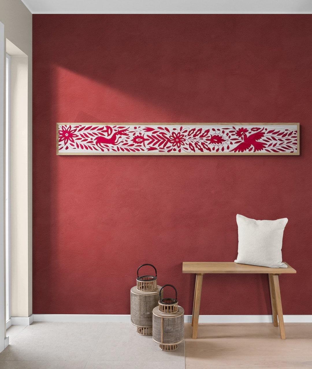 Mexican Embroidered Bed/table Runner & Wall Art, Red and Ivory Vintage ...