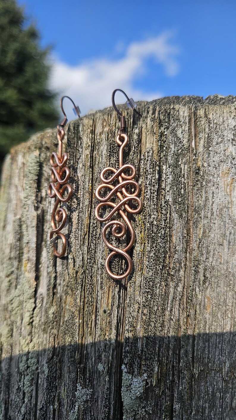 Unalome Earrings, Wire Wrapped Unalome Symbol Earrings, Copper Unalome ...
