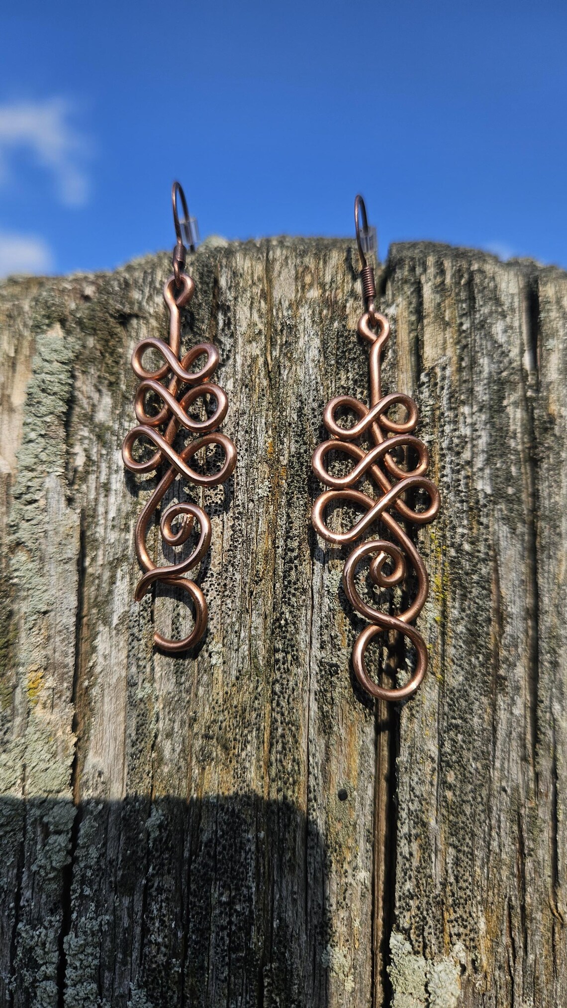 Unalome Earrings, Wire Wrapped Unalome Symbol Earrings, Copper Unalome ...