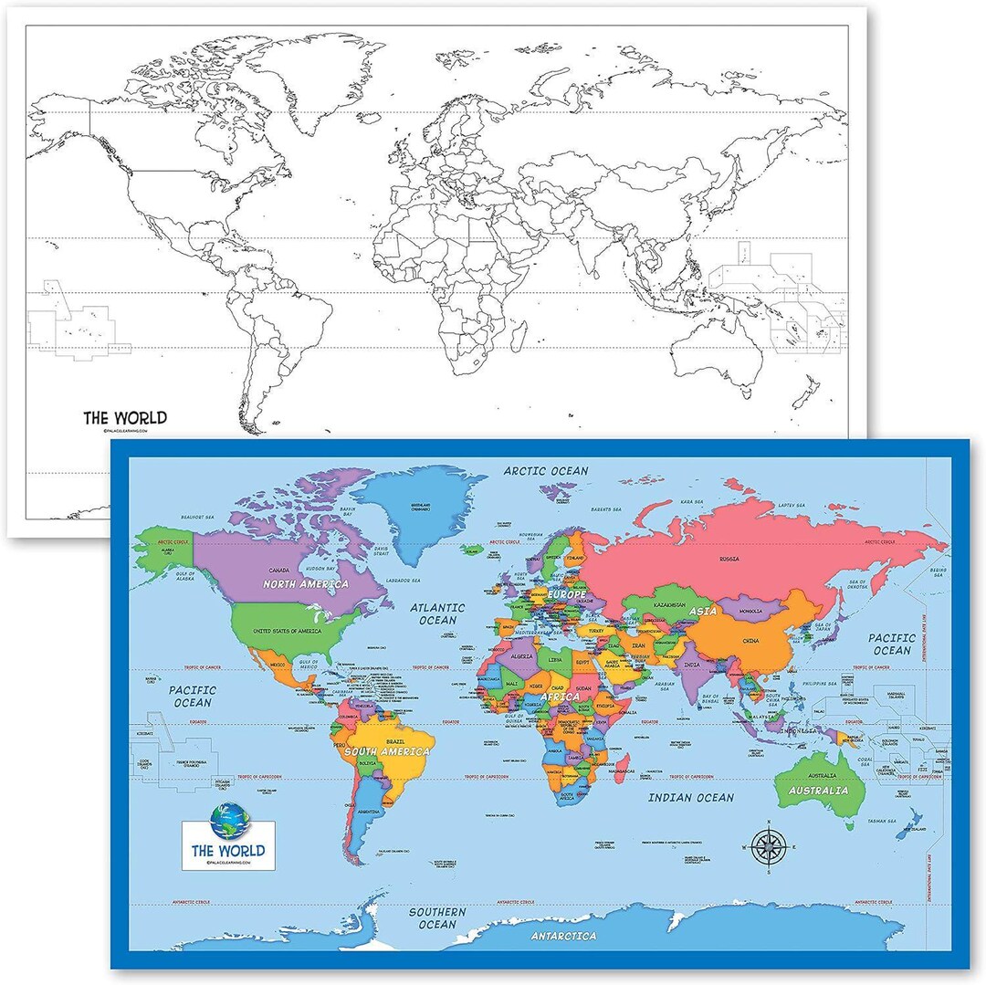 2 Pack - Blank World Map Outline Poster + Simplified World Map for Kids ...