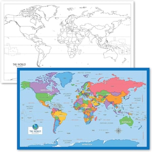2 Pack - Blank World Map Outline Poster + Simplified World Map for Kids ...